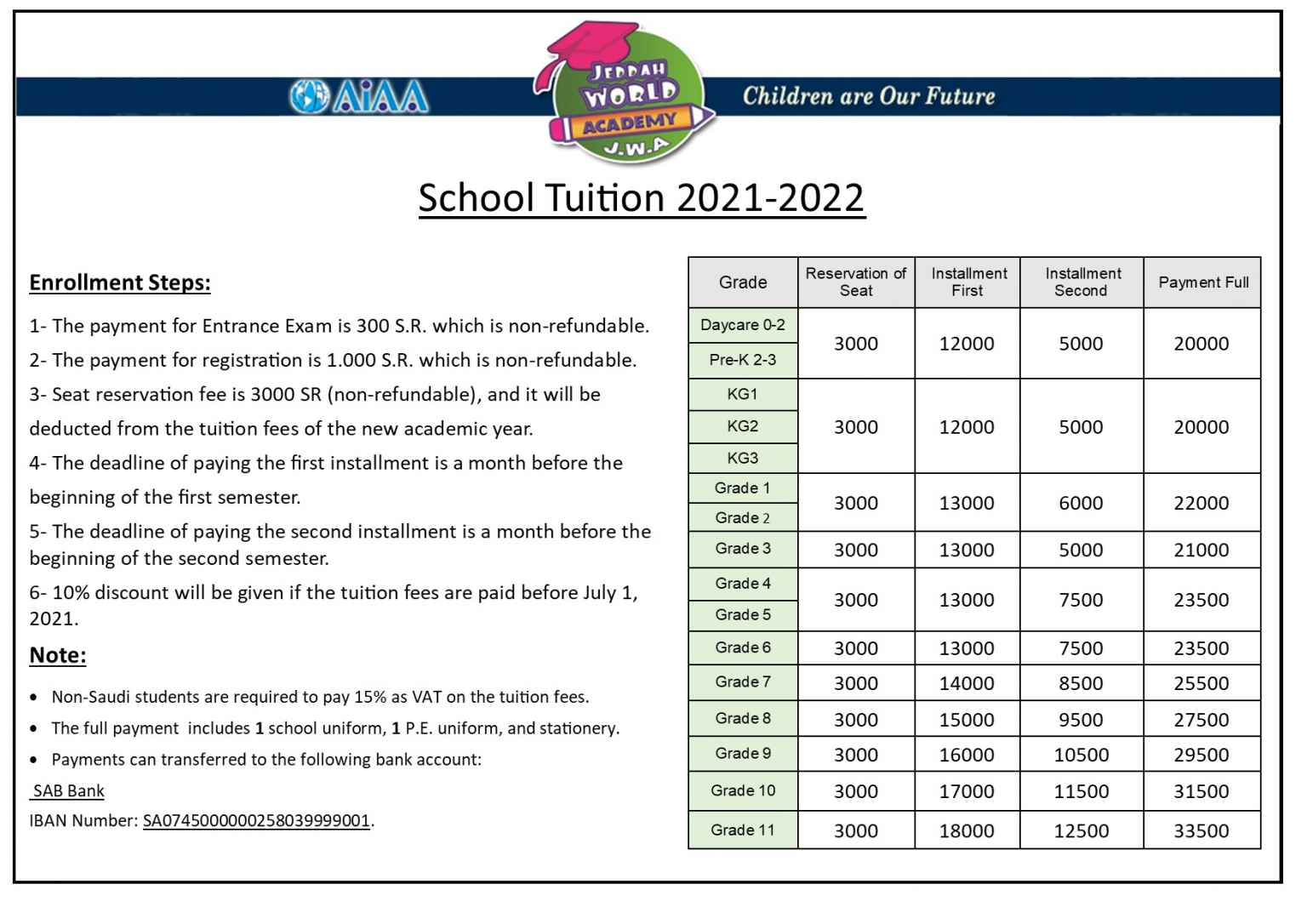 Tuition Fees - Jeddah World Academy